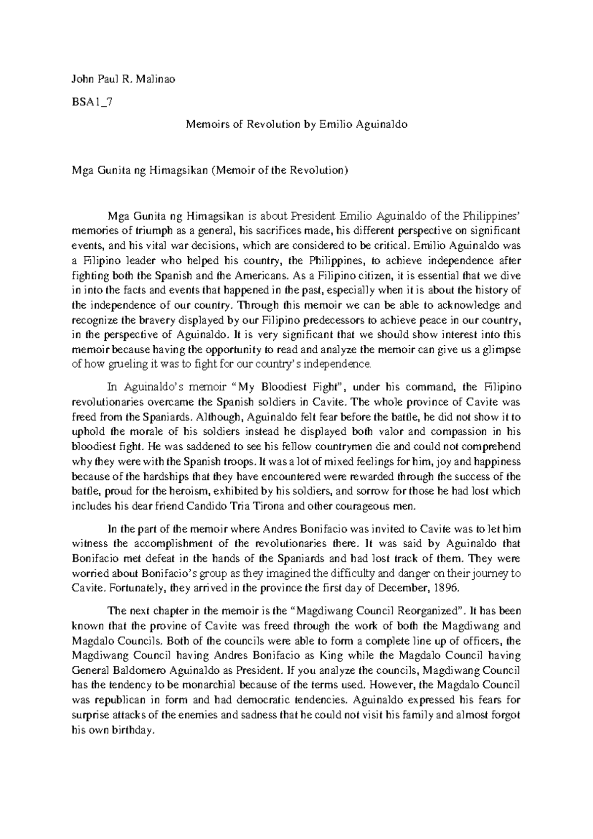 Analytical Paper (Malinao, John Paul R. BSA1 7) - John Paul R. Malinao BSA1_ Memoirs of ...