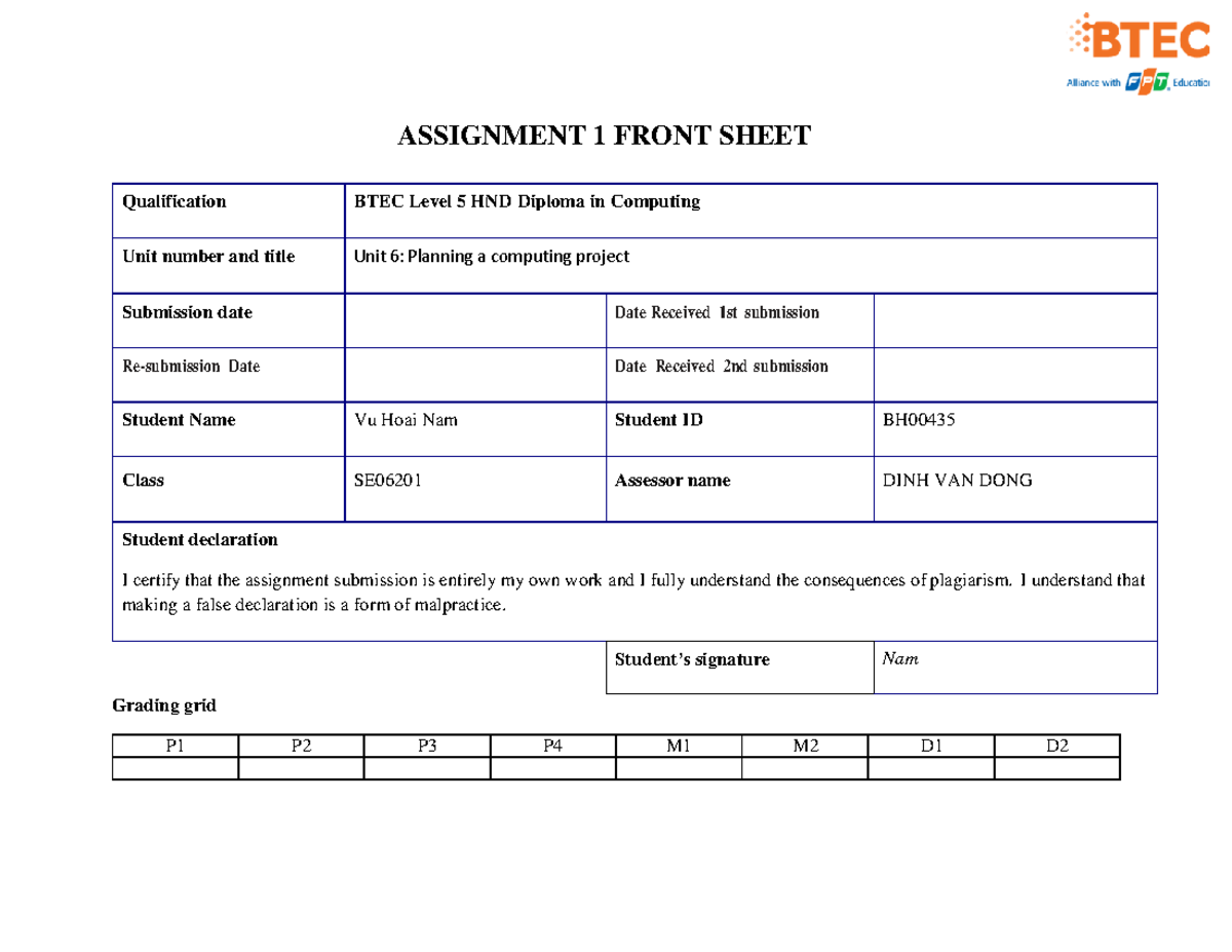 ASM1 1ST PLAN A Computing Project - ASSIGNMENT 1 FRONT SHEET ...