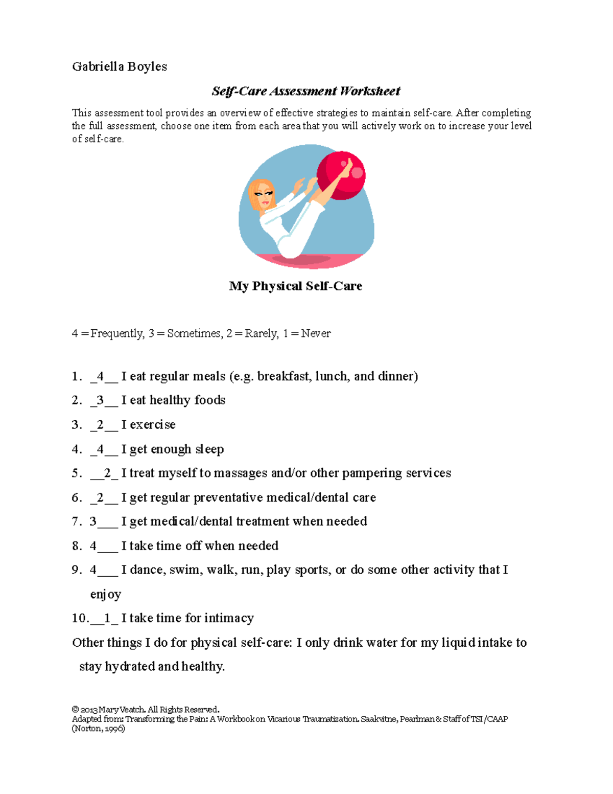 Mental health - Gabriella Boyles Self-Care Assessment Worksheet This ...