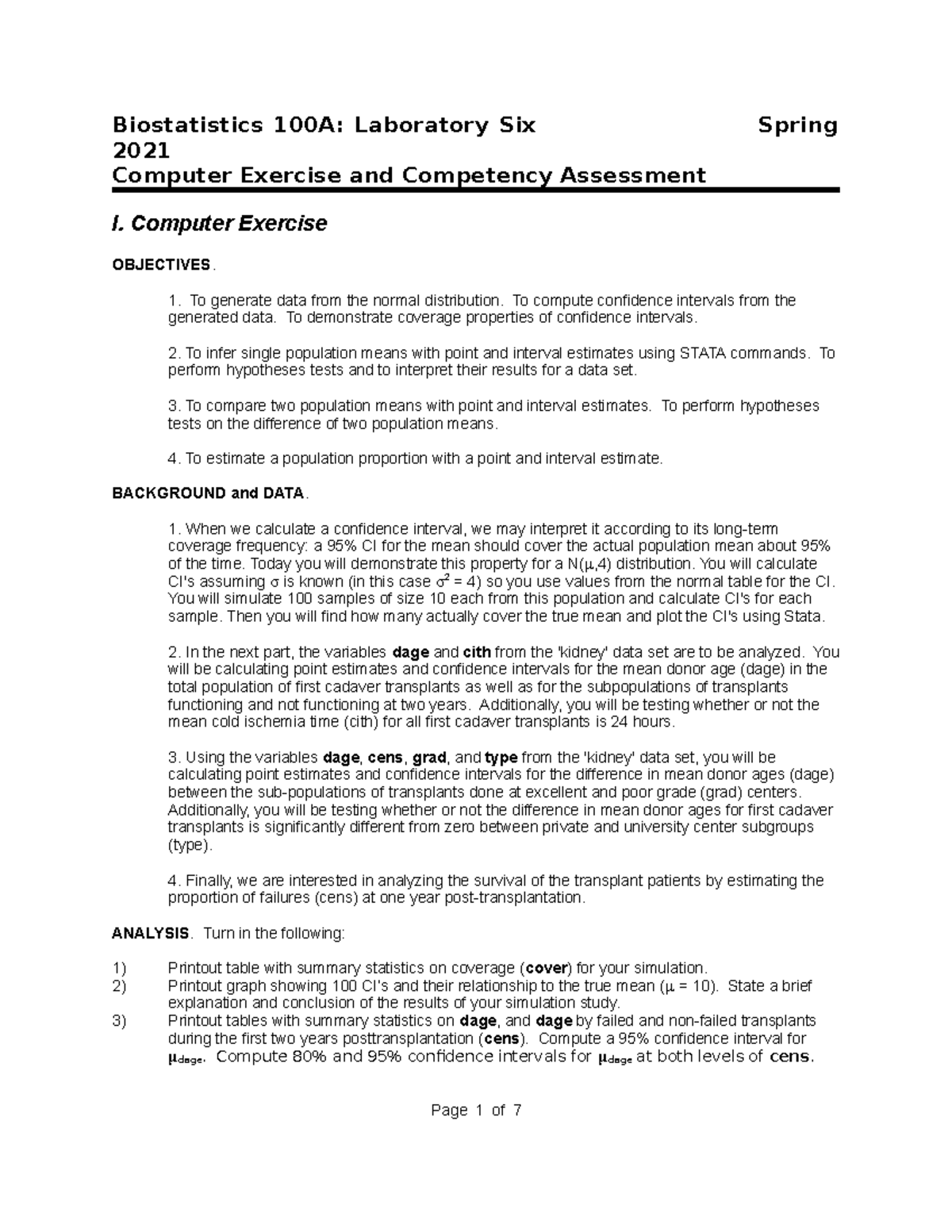 Lab6 updated - biostat - 2021 Computer Exercise and Competency Assessment I. Computer Exercise ...