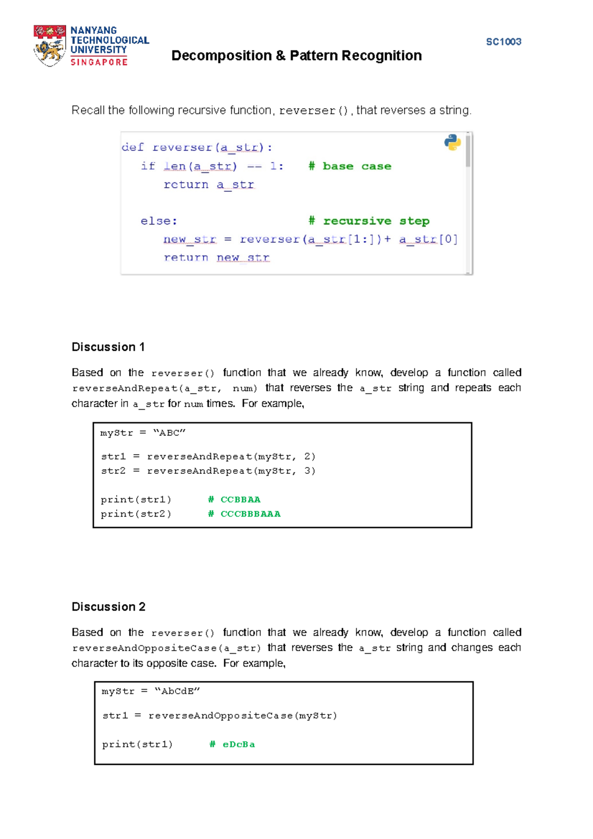 SC1003 Discussion #6 Decompositions Pattern Recognition - SC ...