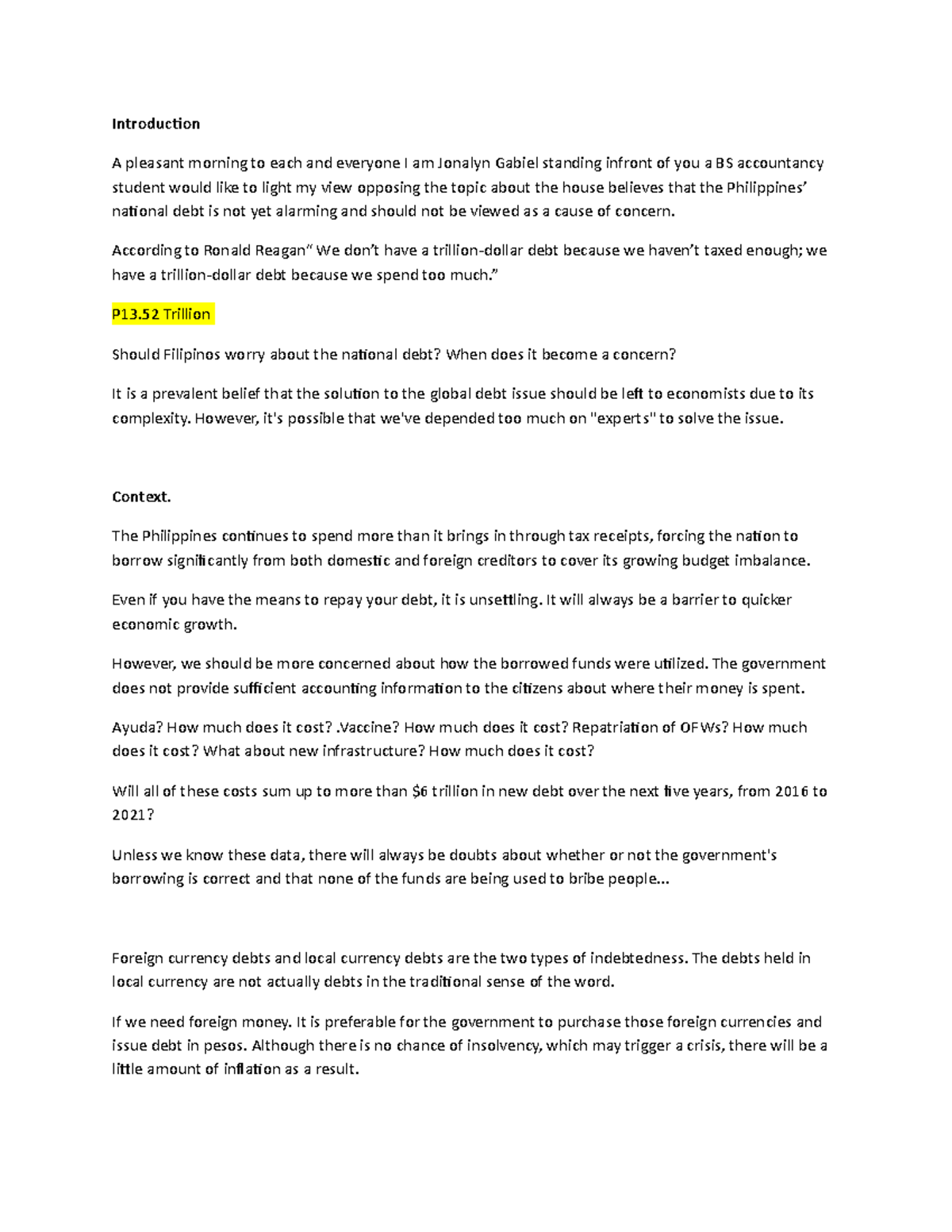 Speech - It's for debate - Introduction A pleasant morning to each and ...