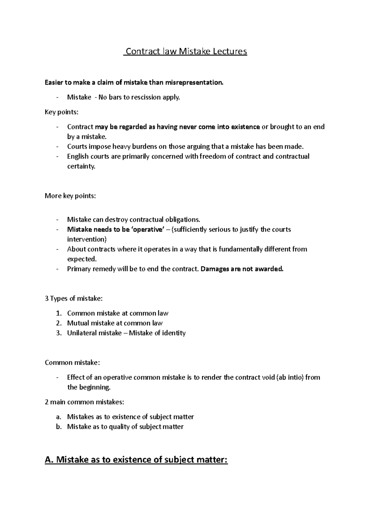 Contract law Mistake Lectures - Contract law Mistake Lectures Easier to make a claim of mistake ...