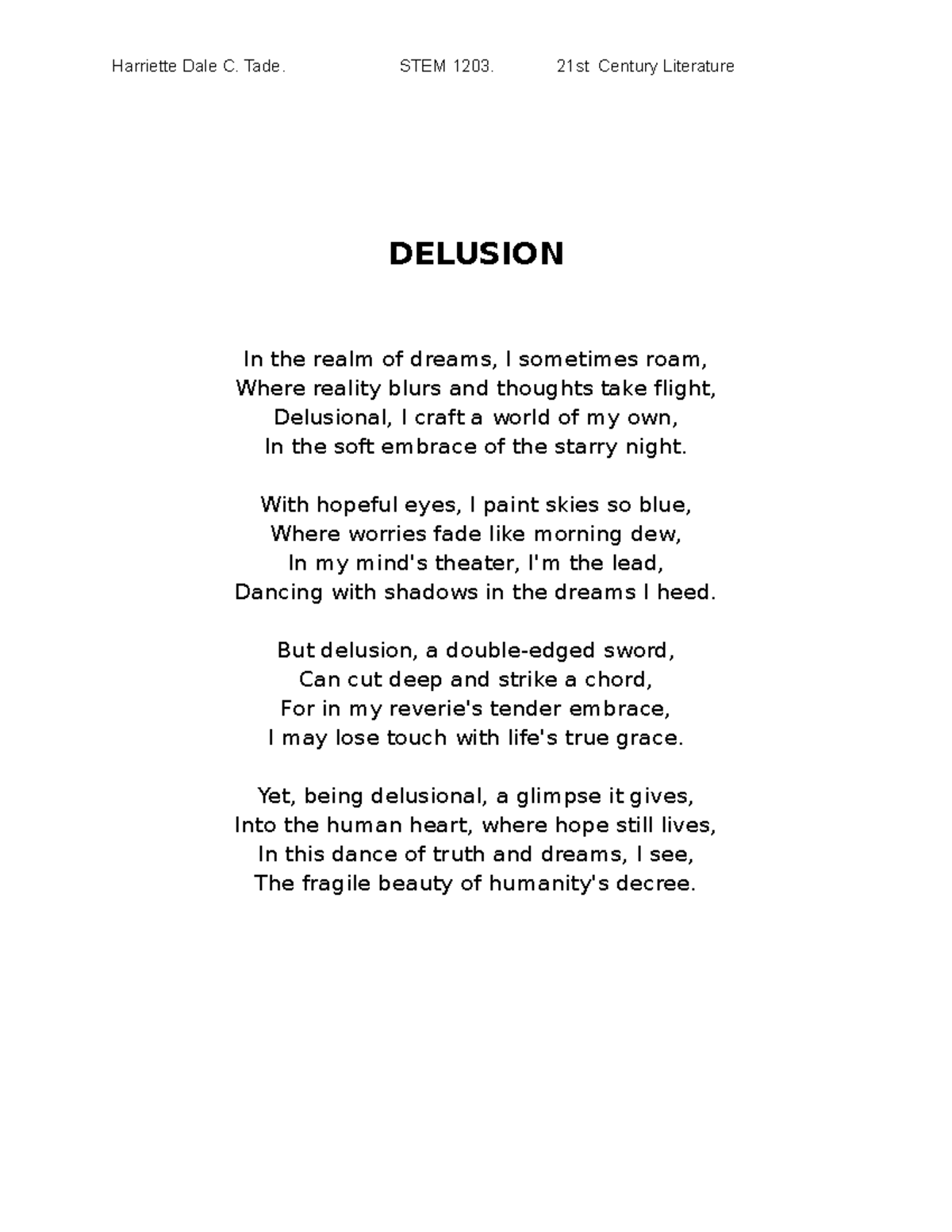 Delusion - 21st Century Literature Poem - Harriette Dale C. Tade. STEM ...