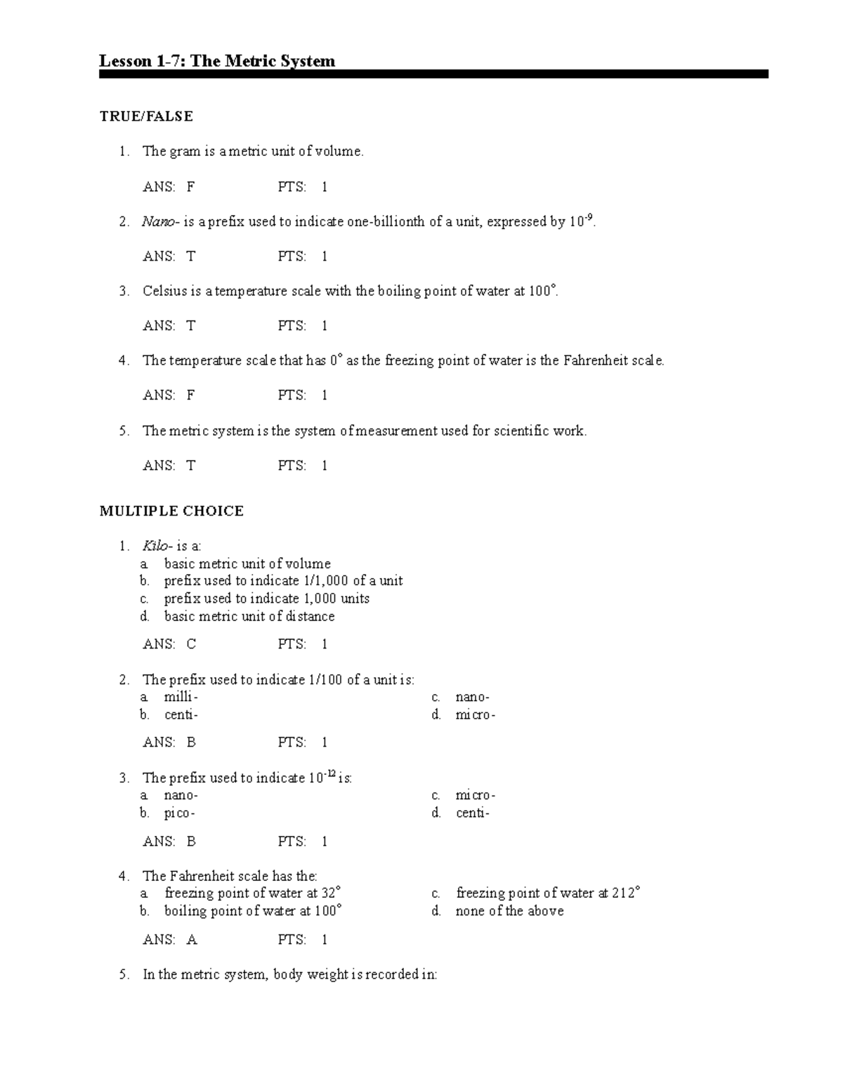 L1-7 - Questions Answers - Lesson 1-7: The Metric System TRUE/FALSE The ...