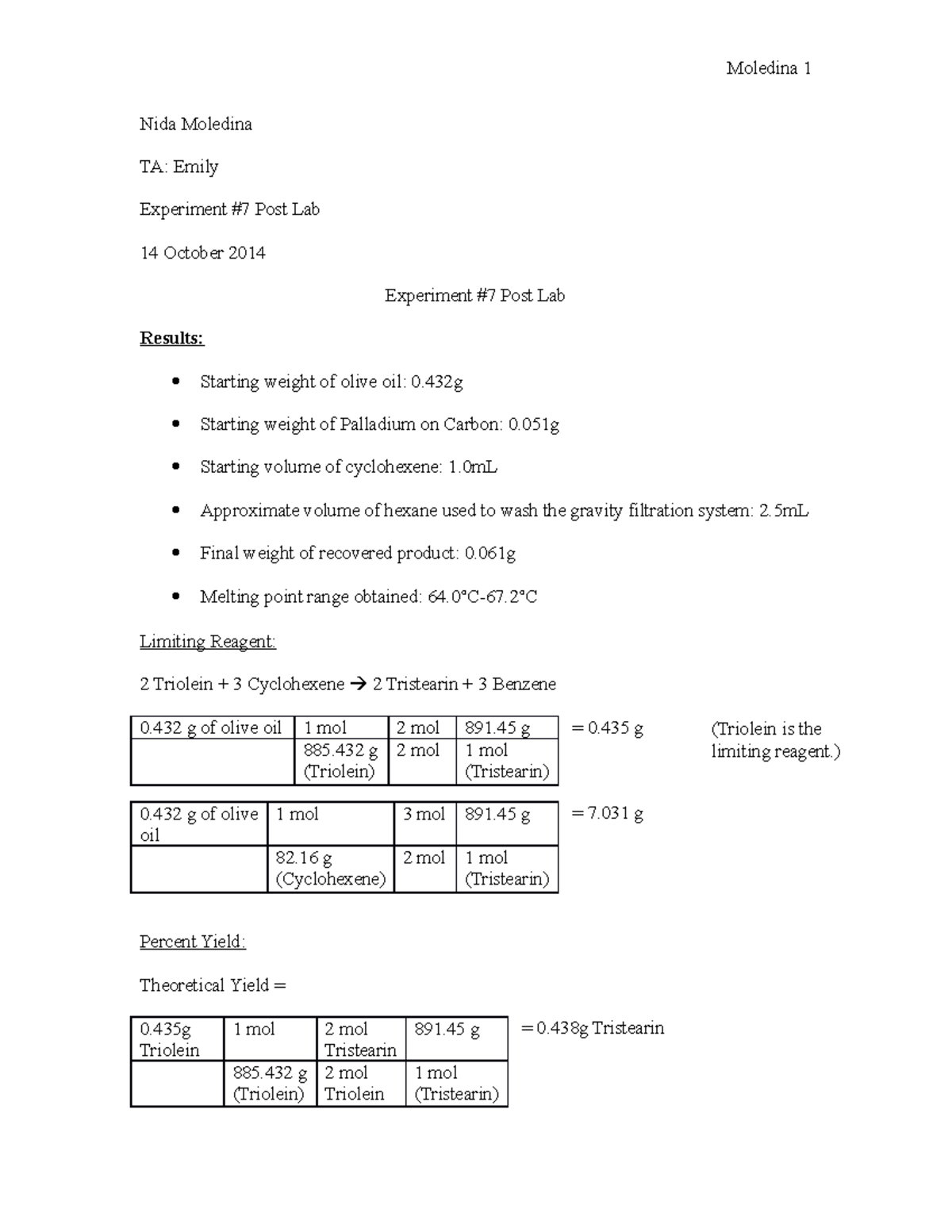 Post lab 7 - just a general lab report of org labs including reagents ...
