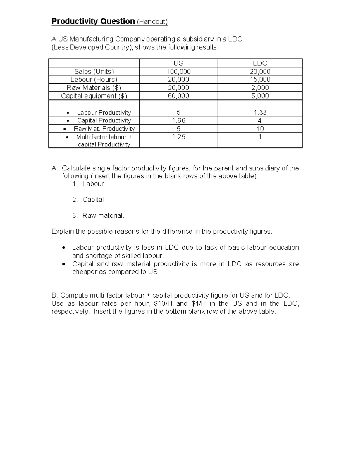 Assignment 1 - Productivity Exercise US LDC - Productivity Question ...
