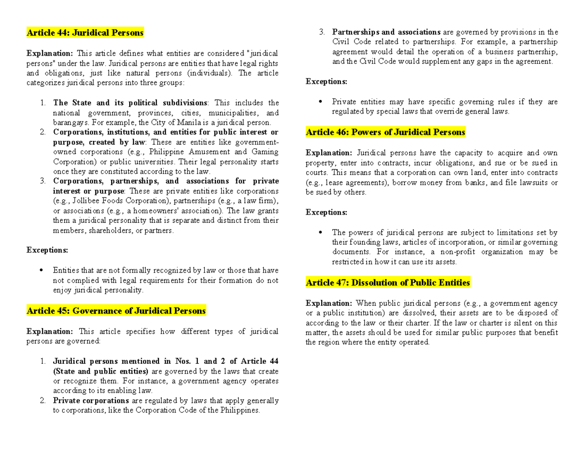 Article 44 of the civil code - Article 44: Juridical Persons ...