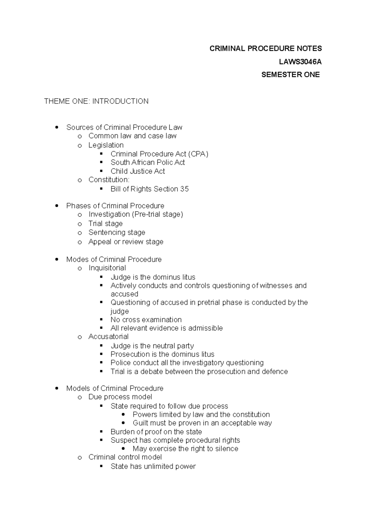 Criminal Procedure Notes - CRIMINAL PROCEDURE NOTES LAWS3046A SEMESTER ...