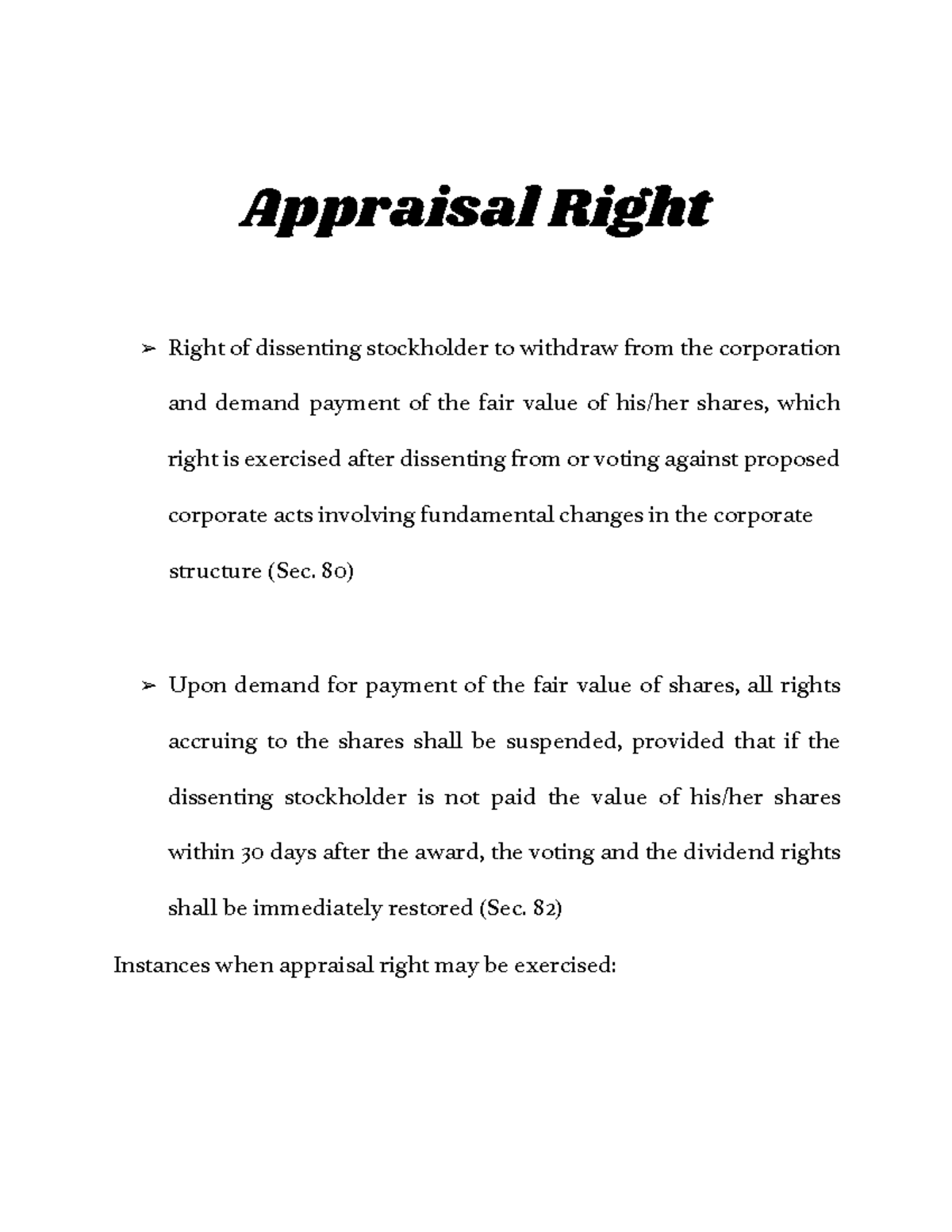 Summary of Appraisal rights, dissolution & Close corp - Appraisal Right ...