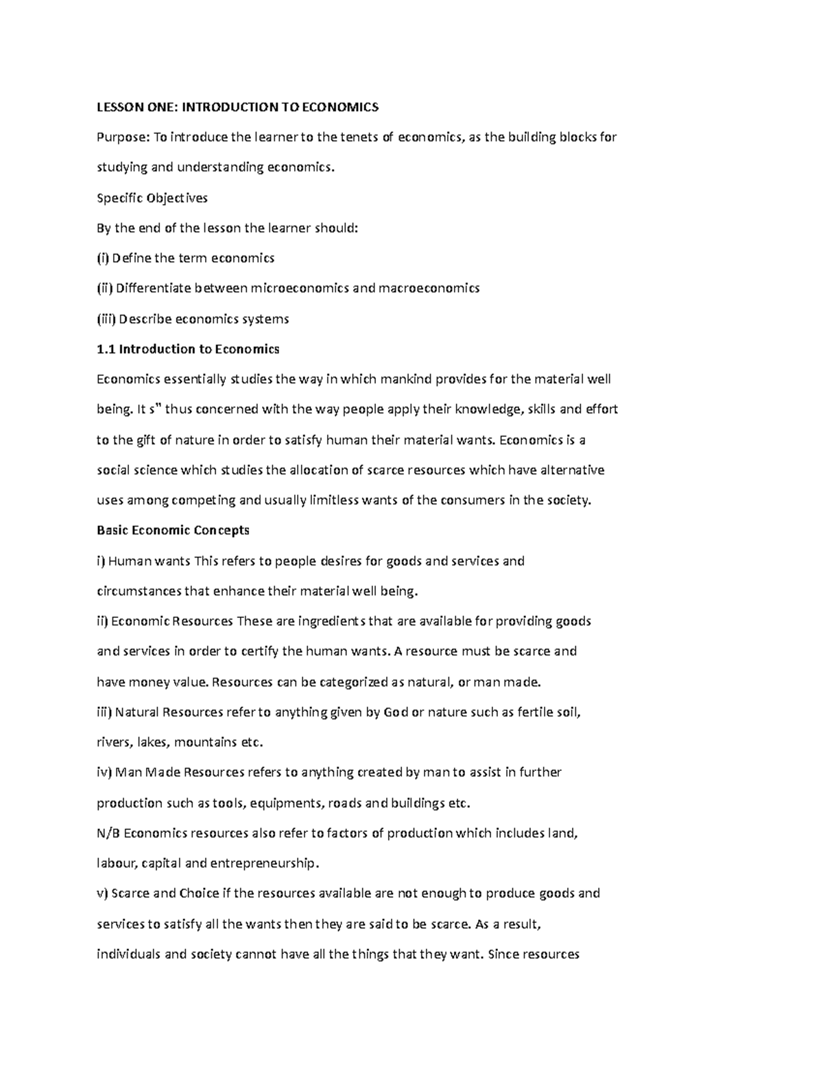 Lesson ONE Introduction TO Microeconomics - LESSON ONE: INTRODUCTION TO ...