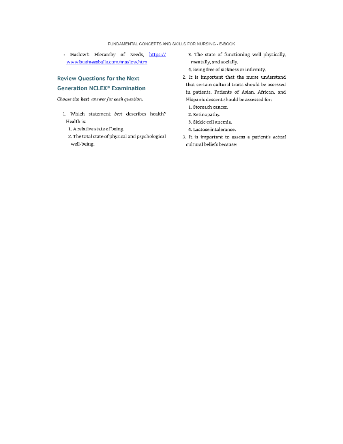 Fundamentals Concepts and Skills for Nursing Review Questions for the ...