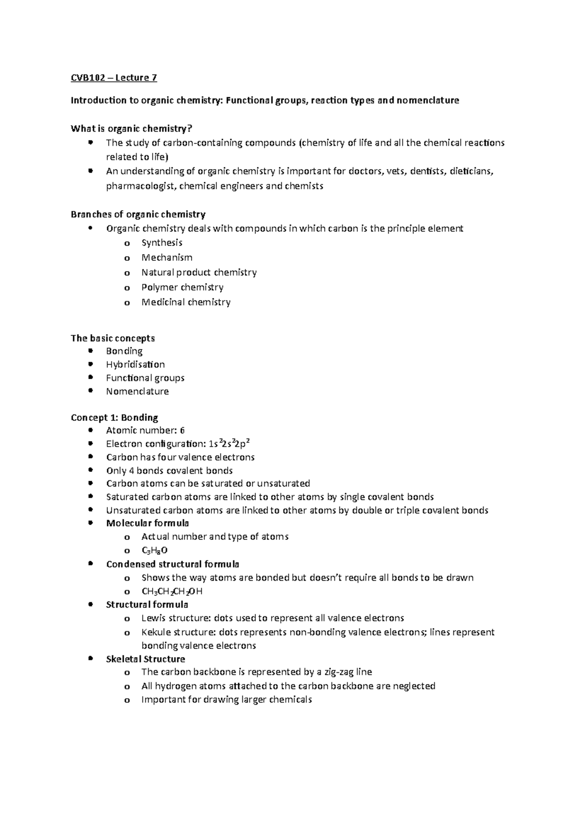 Lecture note - lecture 7 - CVB102 – Lecture 7 Introduction to organic ...