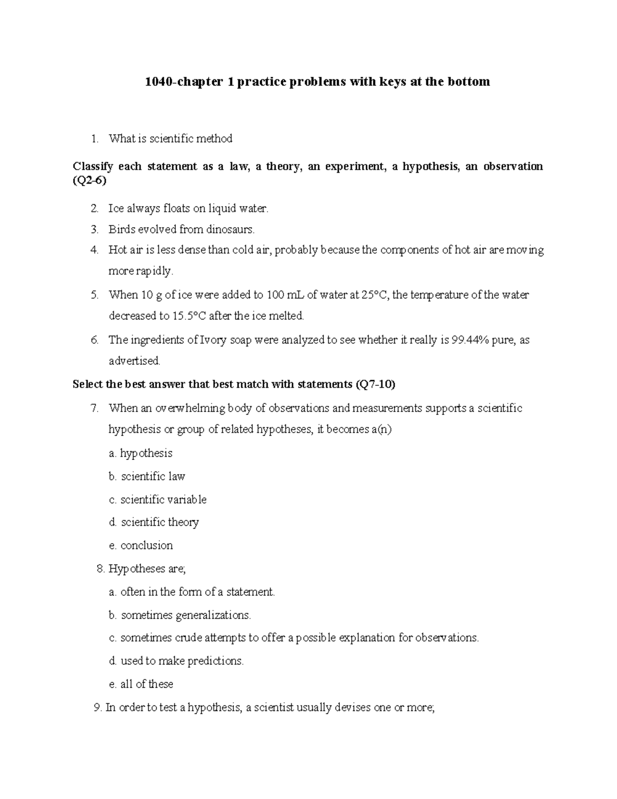 CHM 1040 CH1 worksheet with answer key - 1040-chapter 1 practice problems with keys at the ...