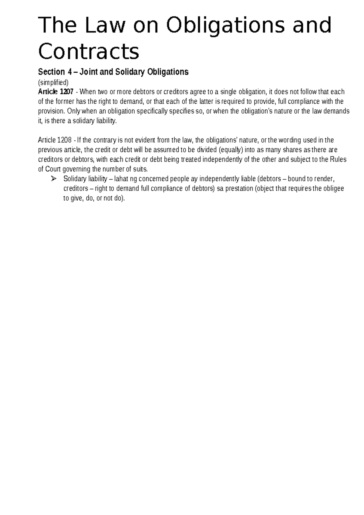 The Law on Obligations and Contracts - The Law on Obligations and Contracts Section 4 – Joint ...