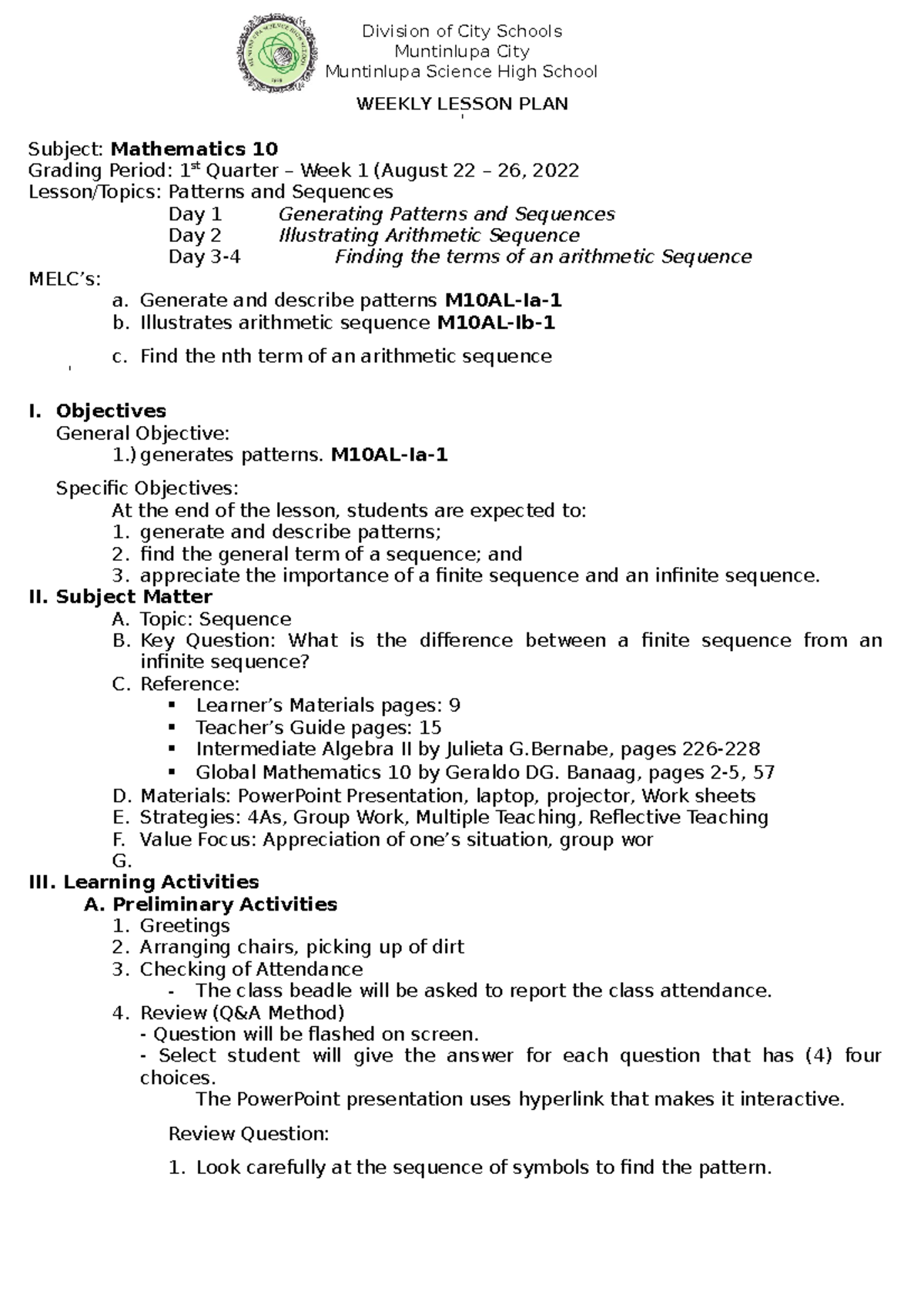 Q1W1 - lesson plan - Division of City Schools Muntinlupa City ...