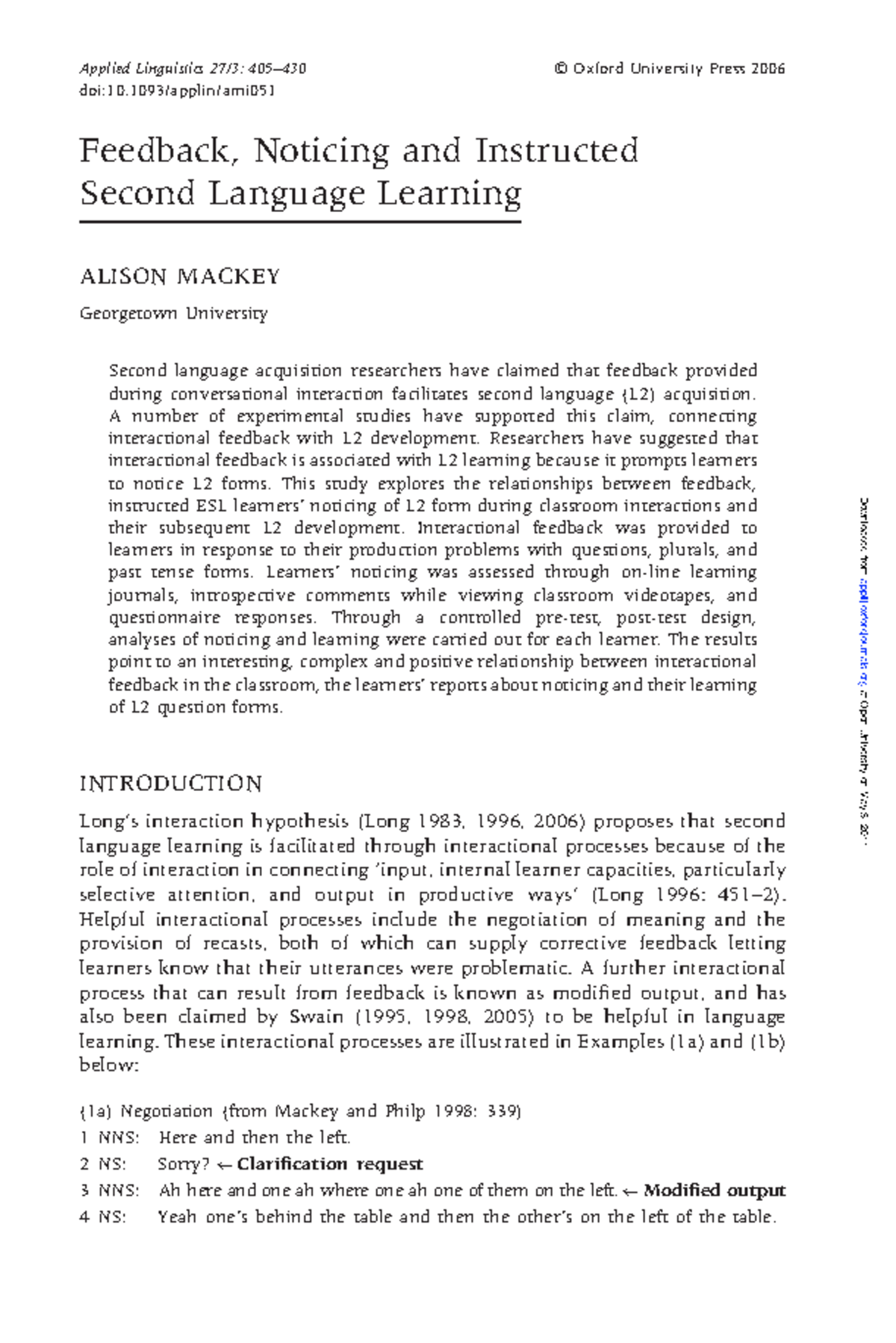 Feedback, Noticing and Instructed Second Language Learning - Applied ...