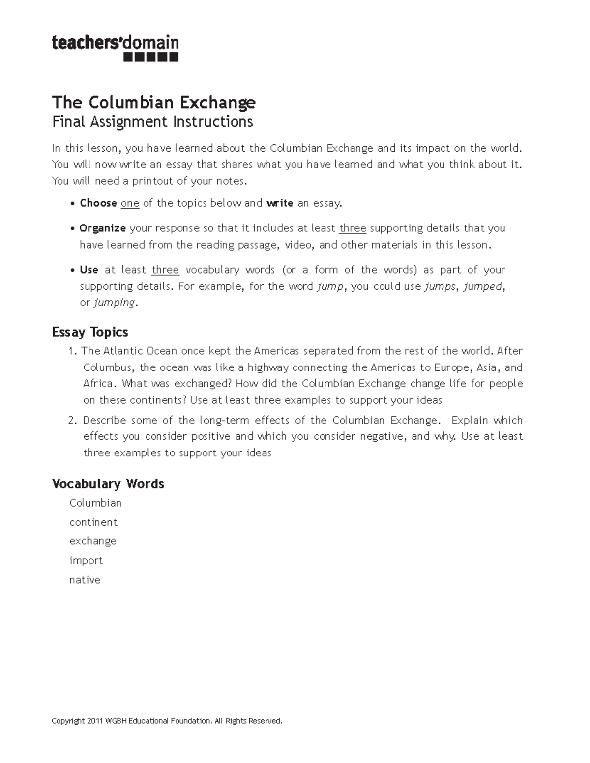 Columbian Exchange writing prompt activity - The Columbian Exchange ...
