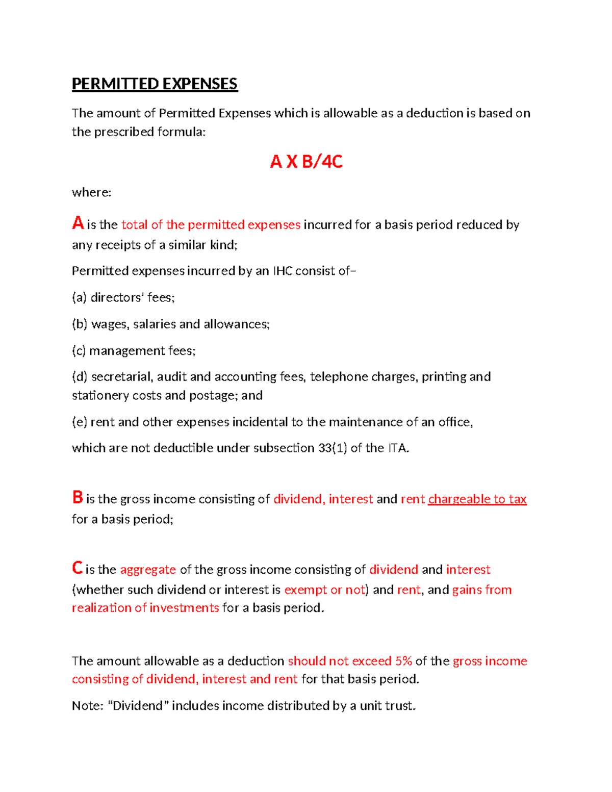 Formula Permitted Expenses - PERMITTED EXPENSES The amount of Permitted ...