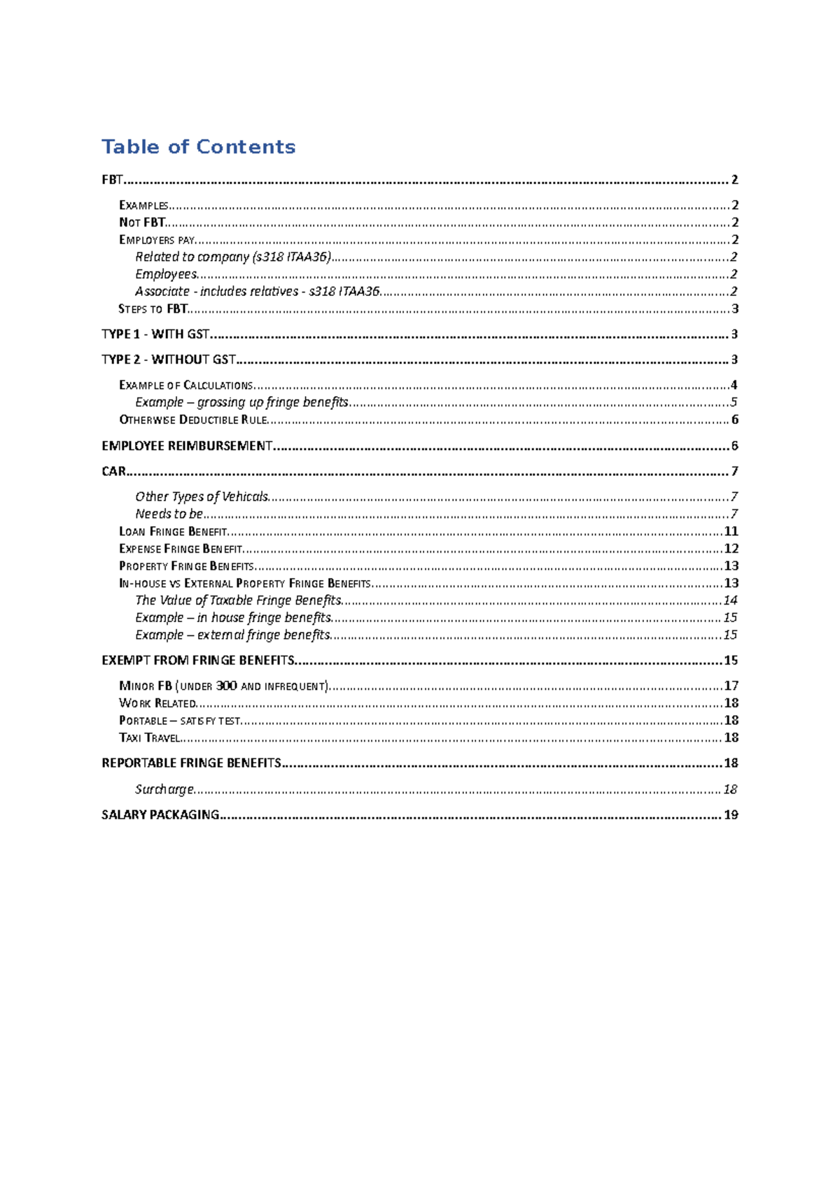 FBT final exam notes - Table of Contents - Studocu