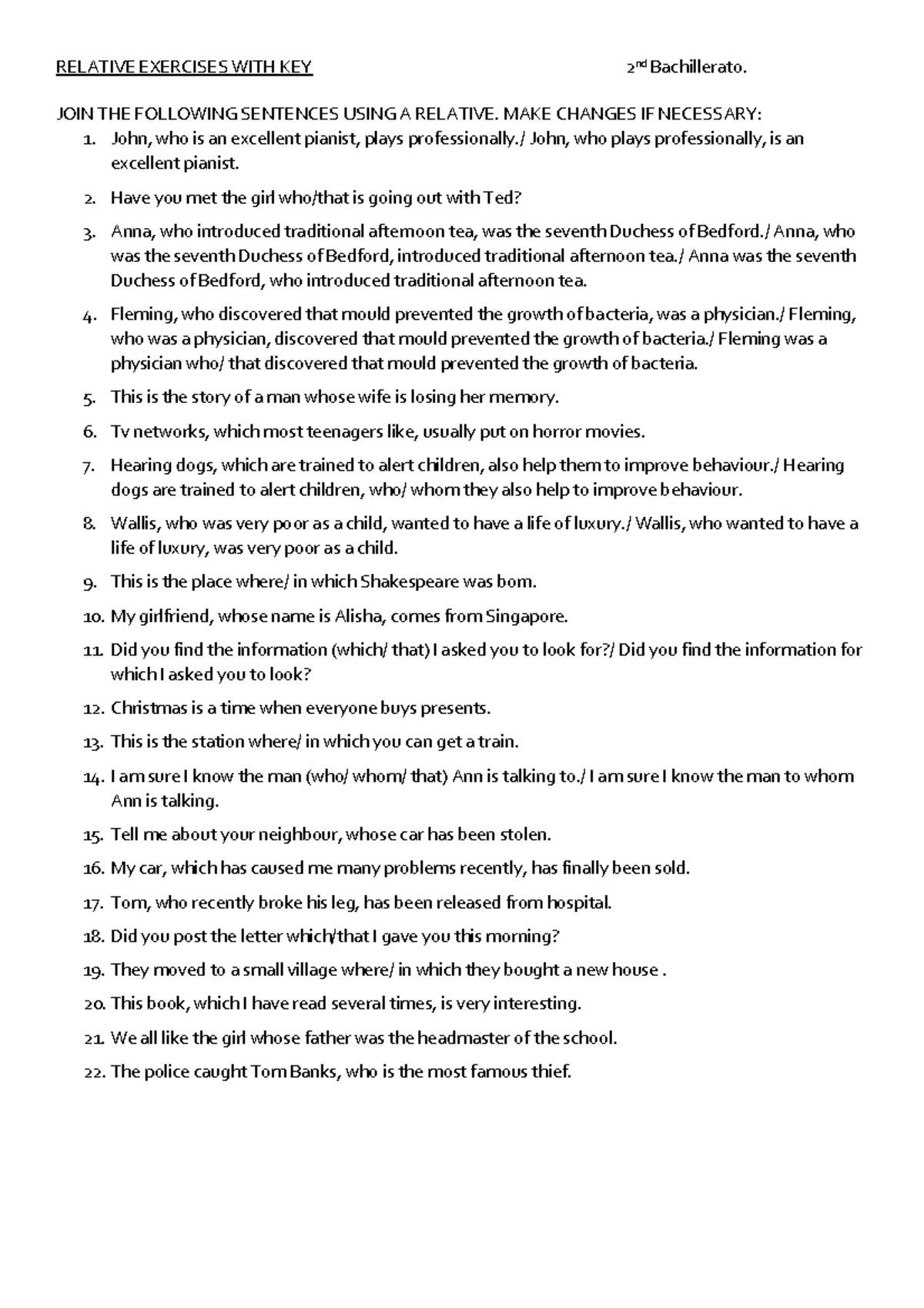 Relative sentences with key - RELATIVE EXERCISES WITH KEY 2nd ...