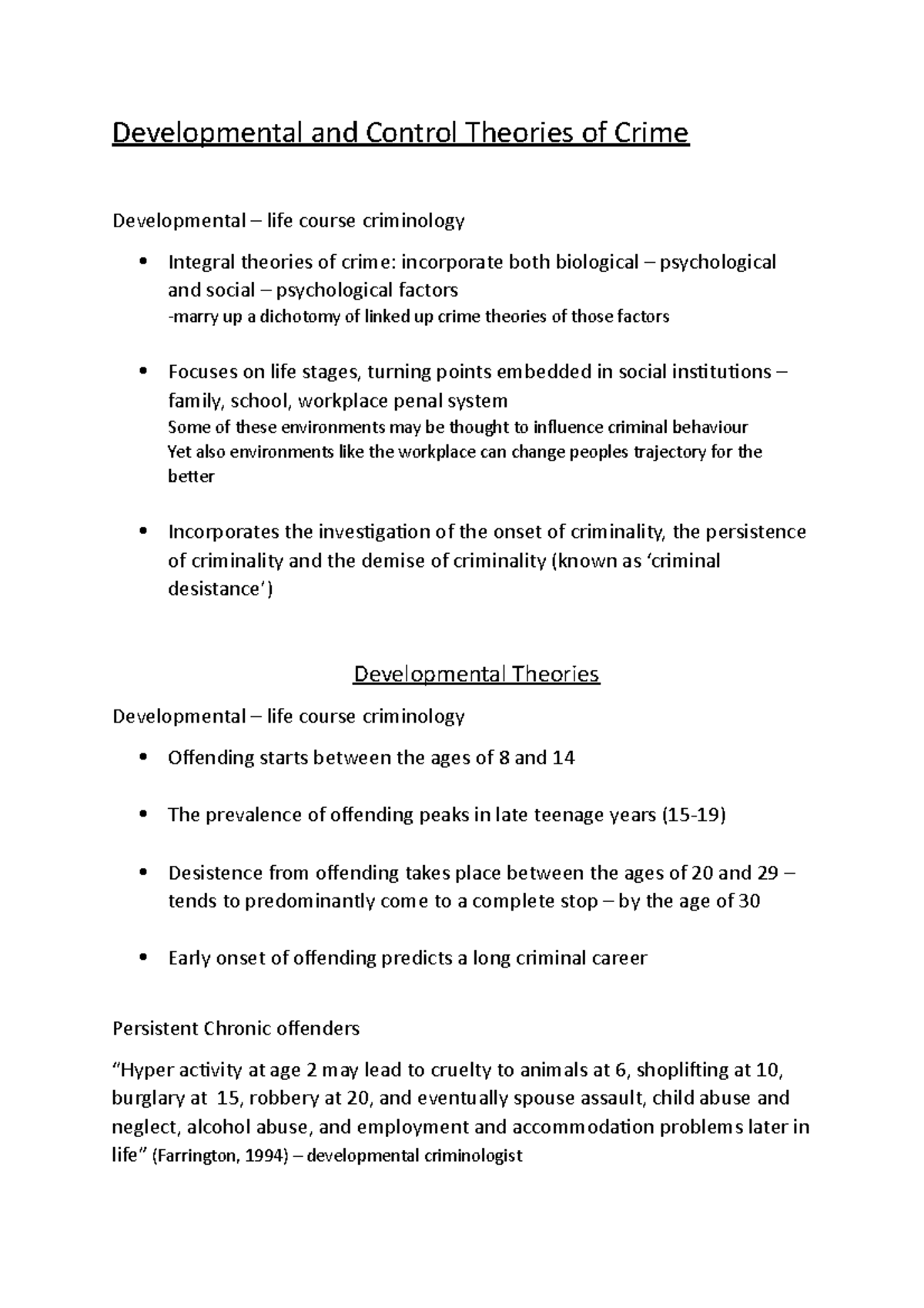 Lecture 4 Developmental and Control Theories of Crime Notes ...