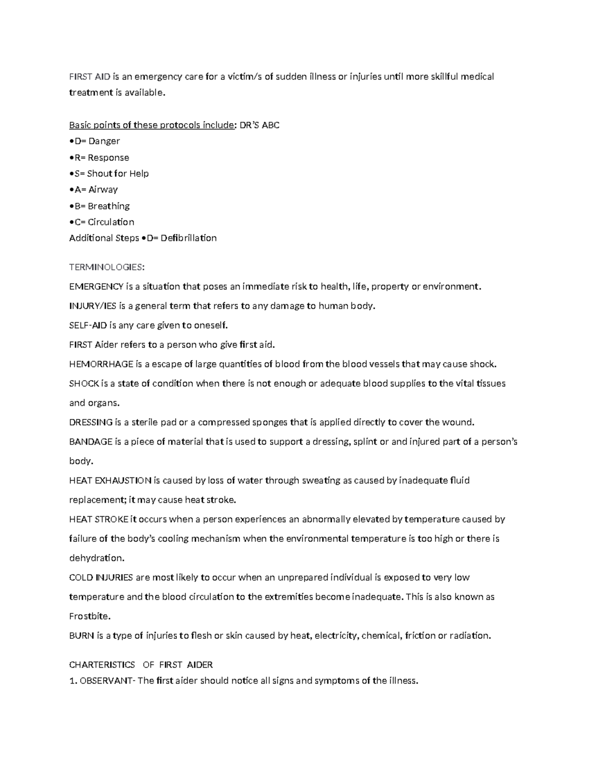 Notes in first aid - For reviewing - FIRST AID is an emergency care for ...
