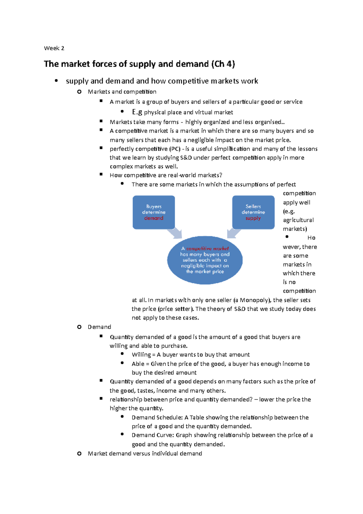 Week 2 - All notes - Week 2 The market forces of supply and demand (Ch ...