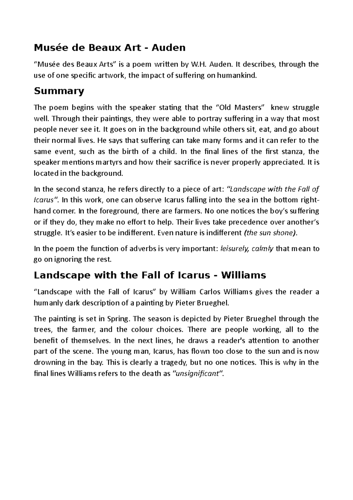 Musée de Beaux Art - Auden. It describes, through the use of one ...