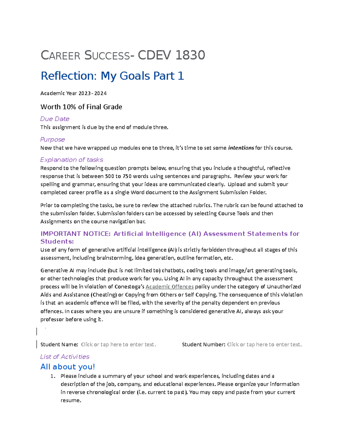 CDEV1830 Reflection My Goals Part 1 - Purpose Now that we have wrapped ...