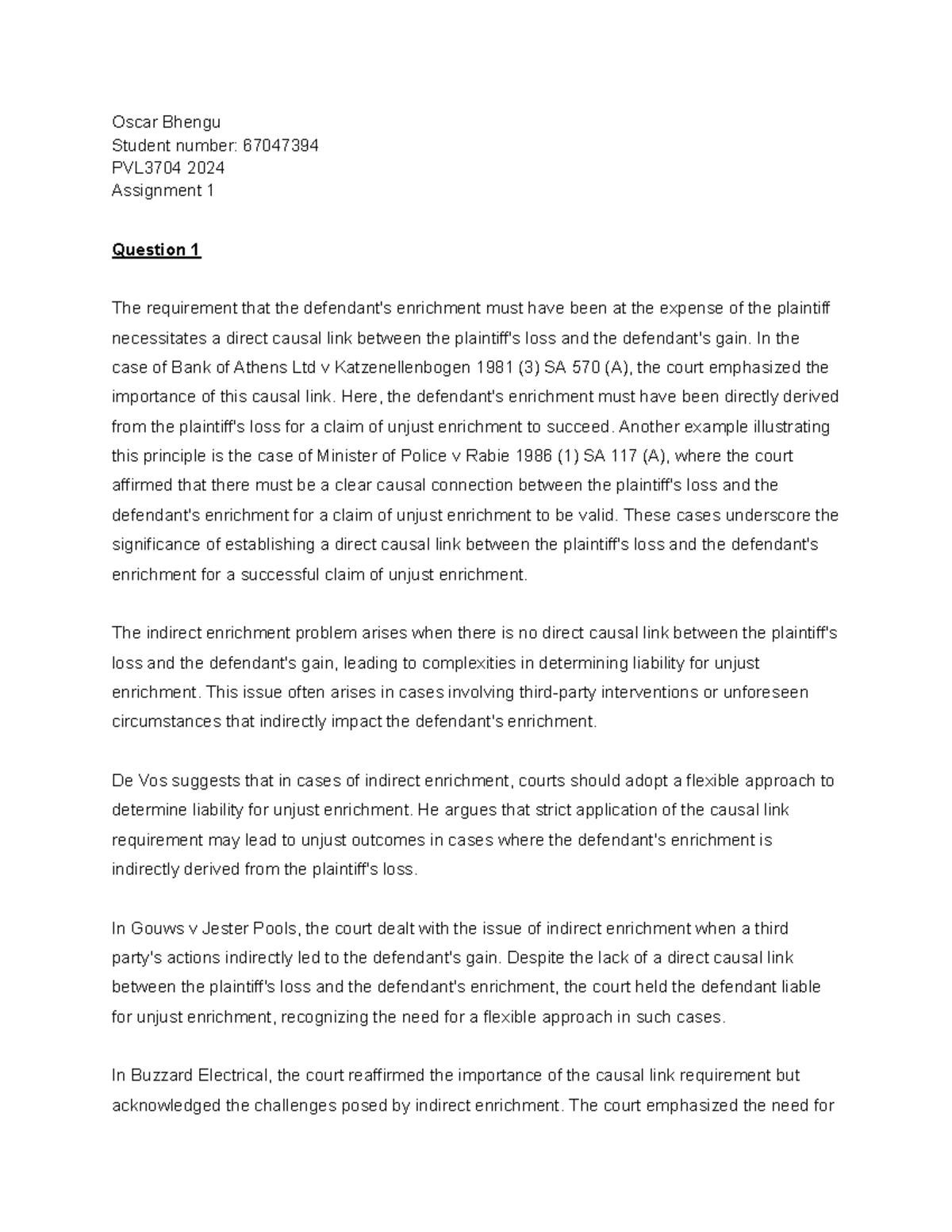 PVL3704 Assignment 1 - Oscar Bhengu Student number: 67047394 PVL3704 2024 Assignment 1 Question ...