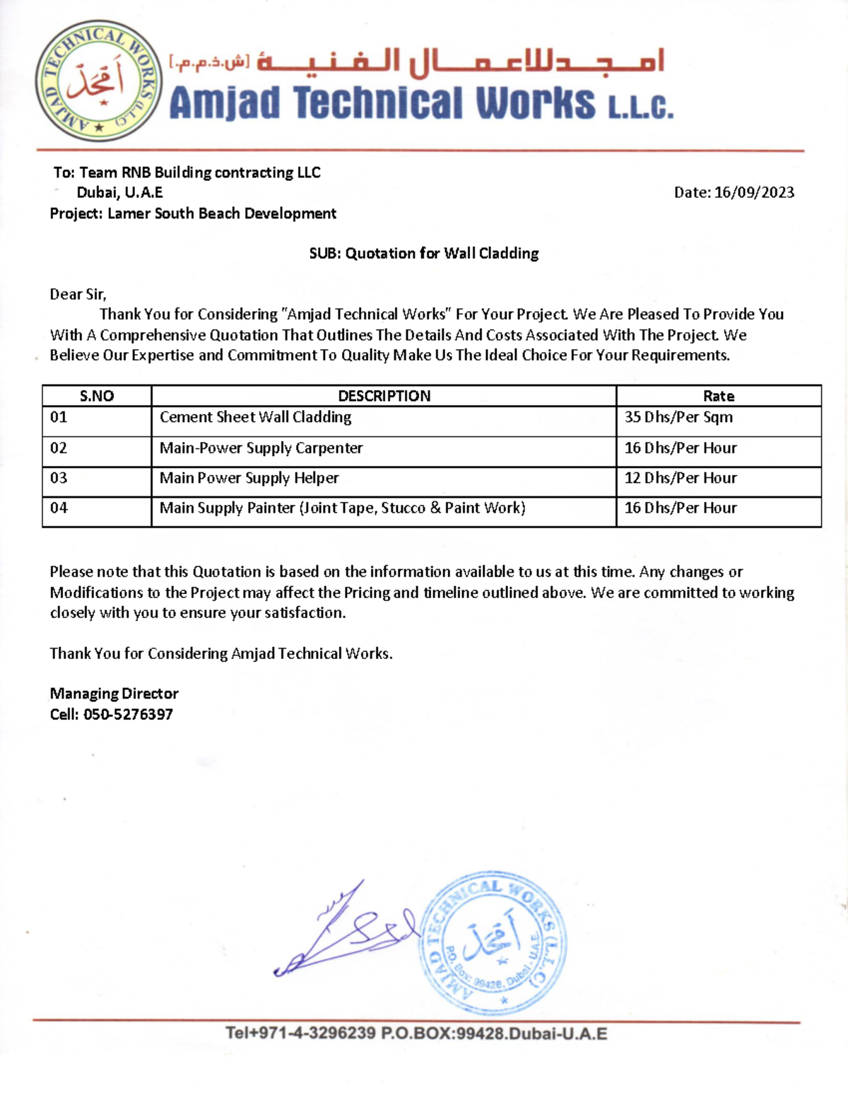 Amjad Technial Works LLC Quotation - To: Team RNB Building contracting ...