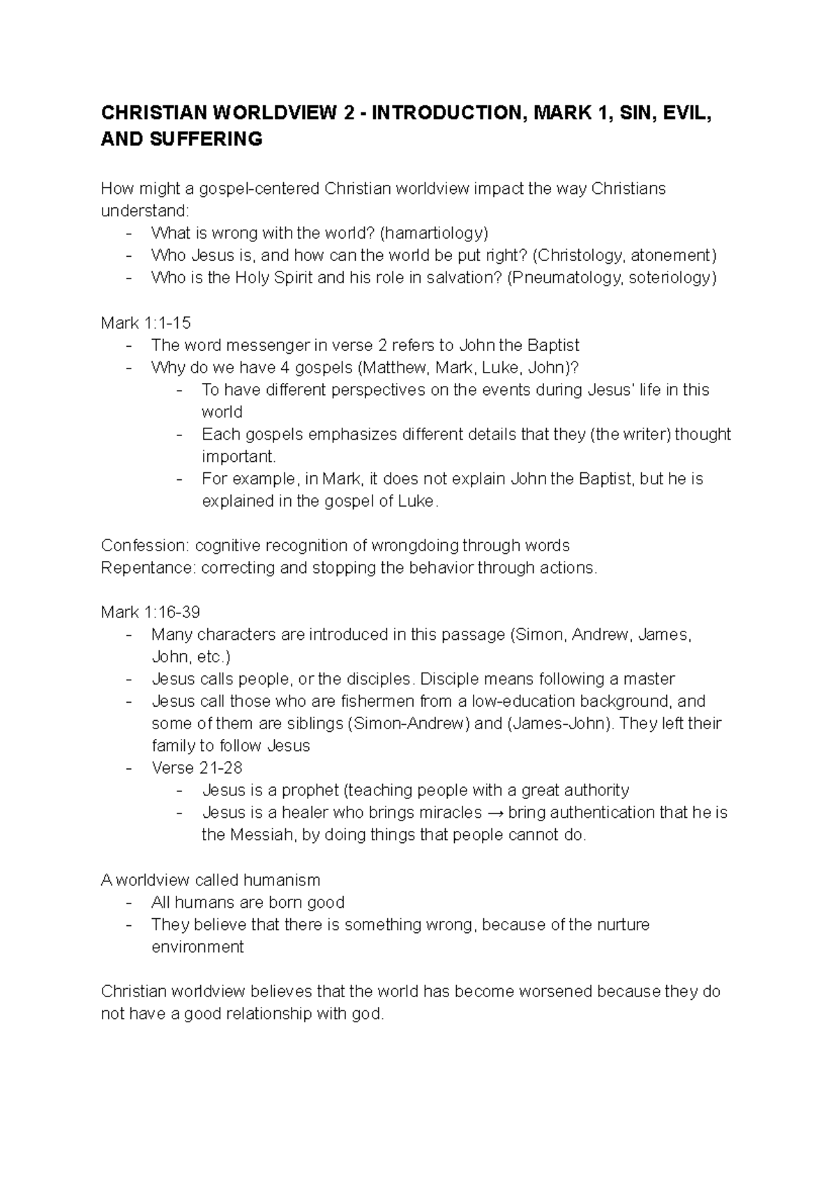 Christian Worldview 2 - Introduction, MARK 1, SIN, EVIL, AND Suffering ...