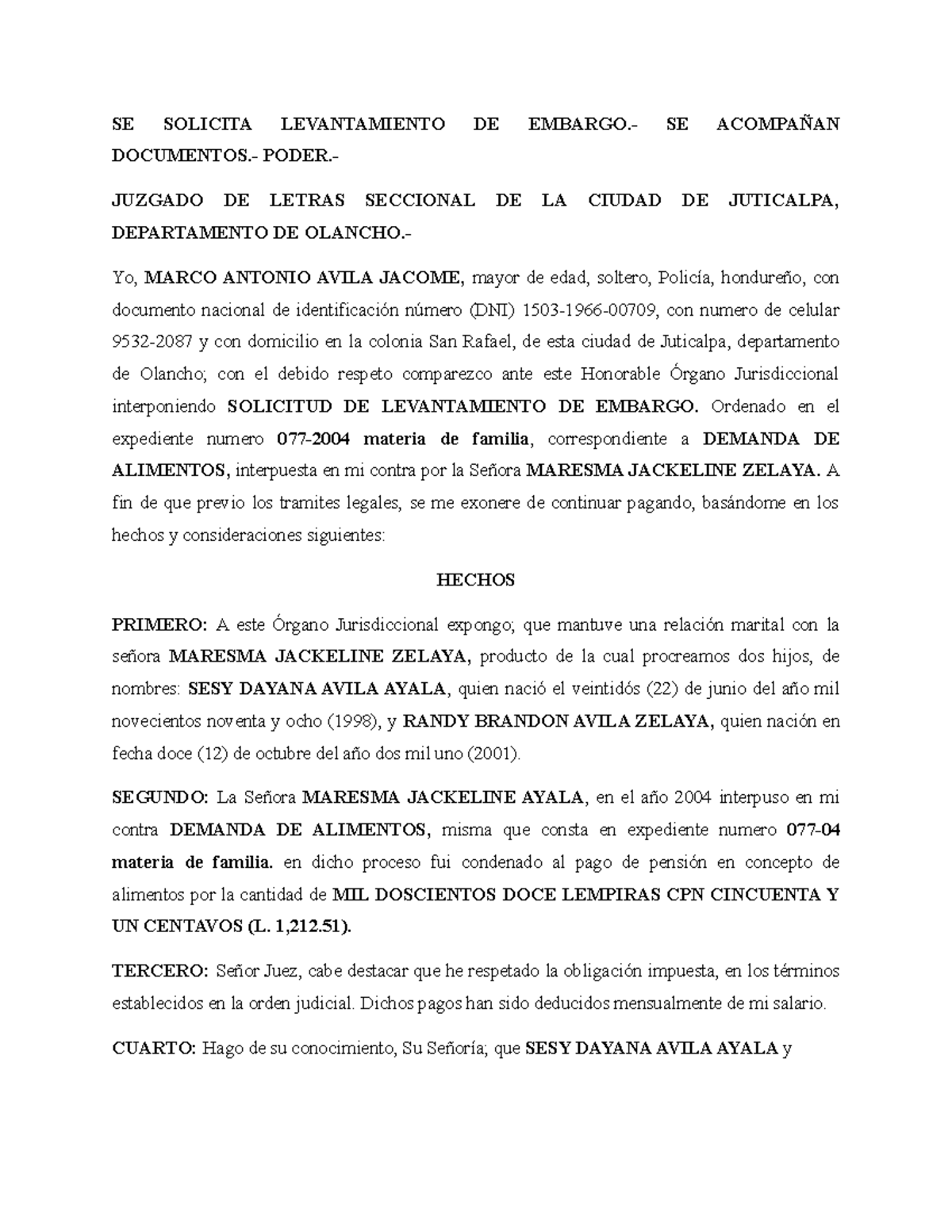 Levantamiento DE Embargo Marco A. Avila - SE SOLICITA LEVANTAMIENTO DE ...