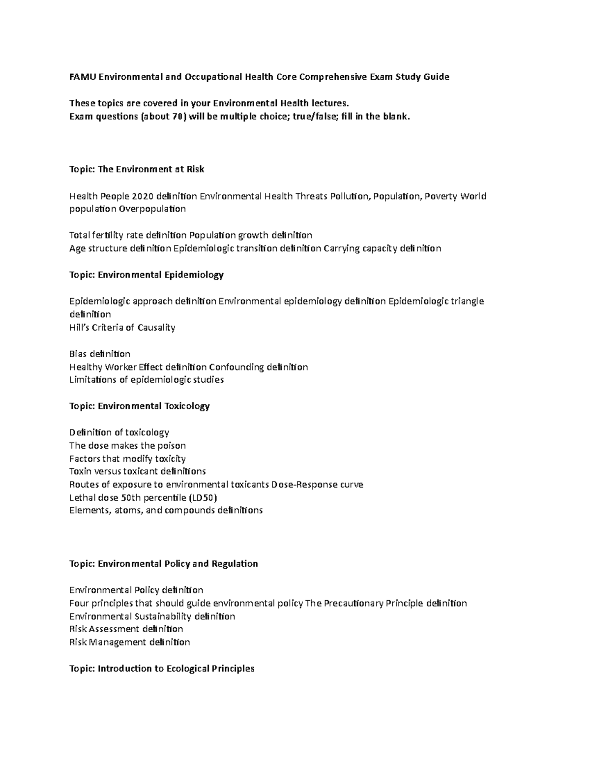 Study Guide (Final) - FAMU Environmental and Occupational Health Core ...