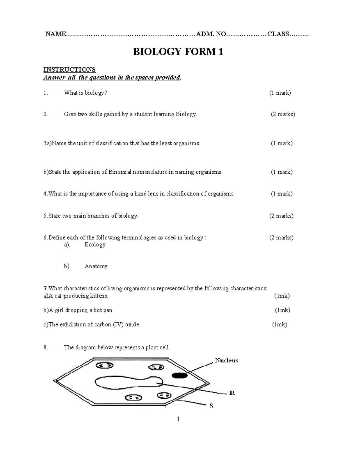 Biology-FORM-1 - revision material to equip learners in handling ...