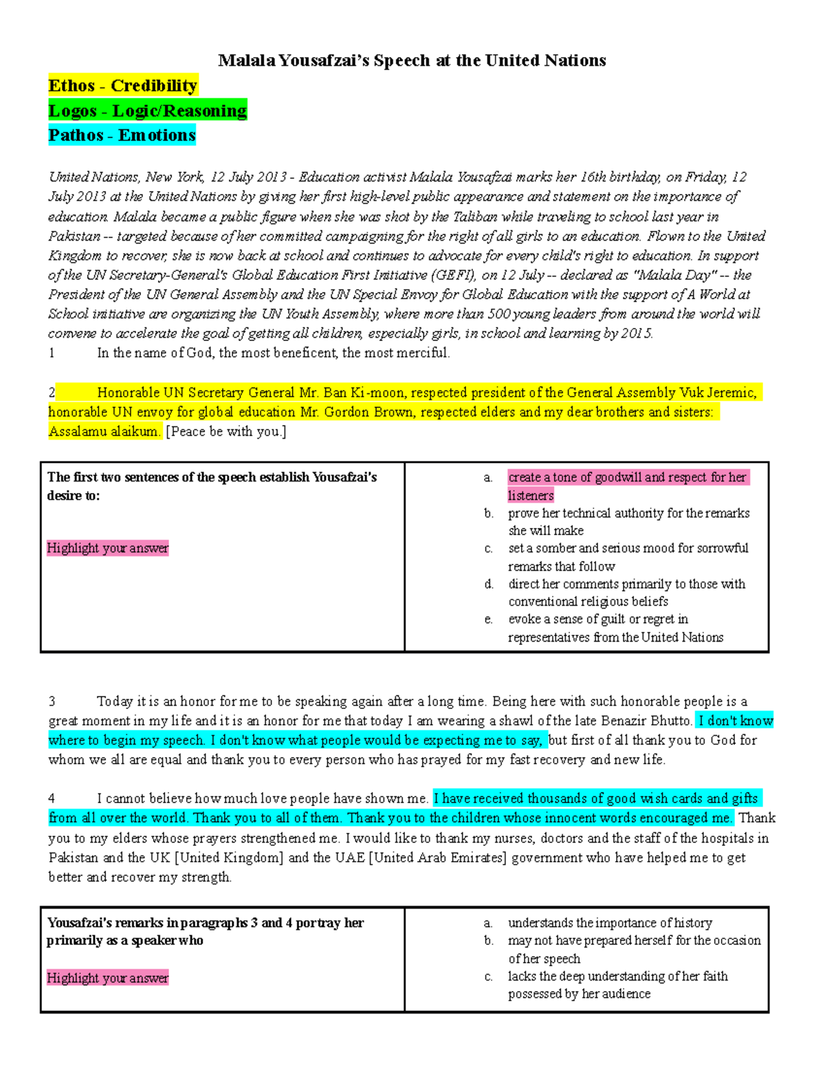 Copy of Malala Yousafzai’s Speech at the United Nations - Malala ...