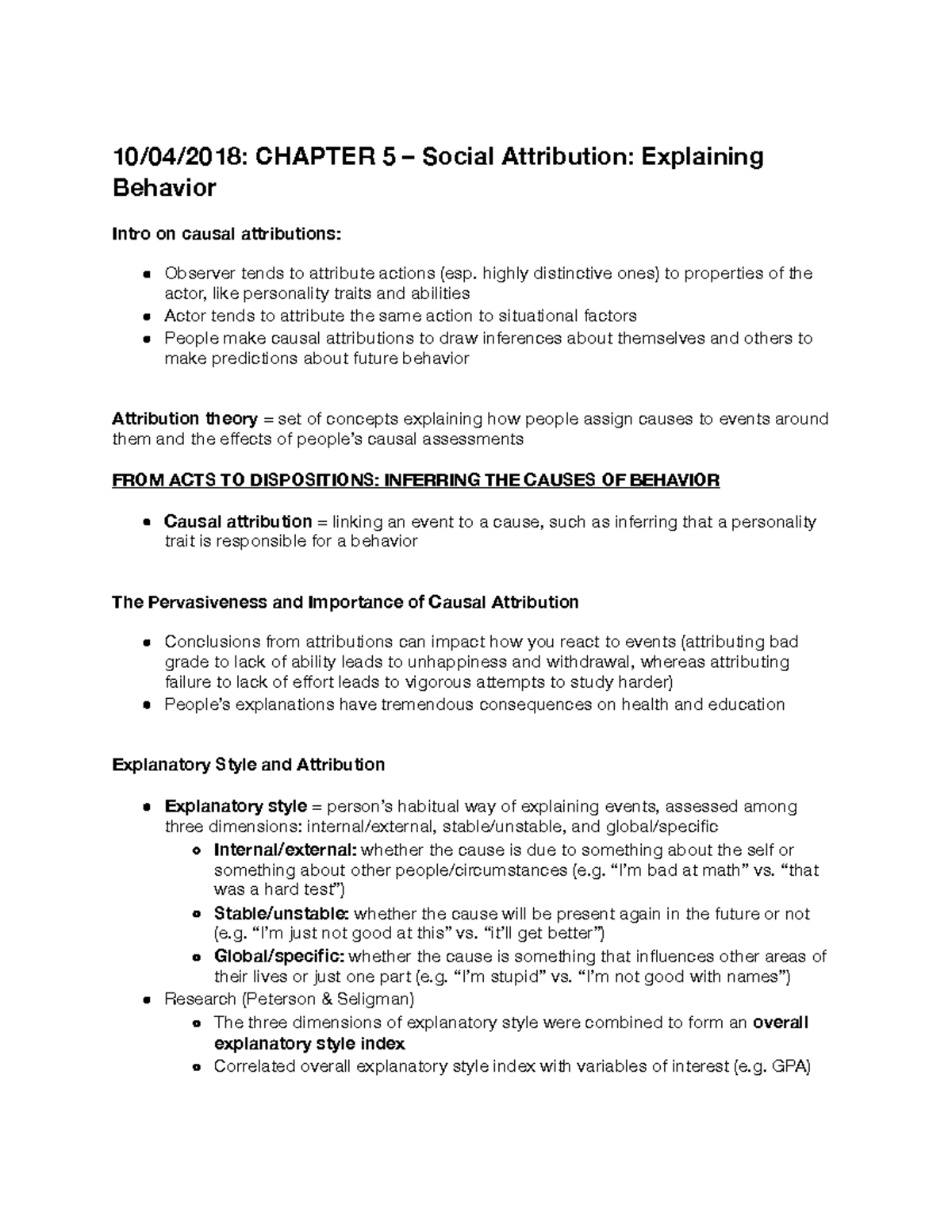 Social Attribution: Explaining Behavior - Studocu