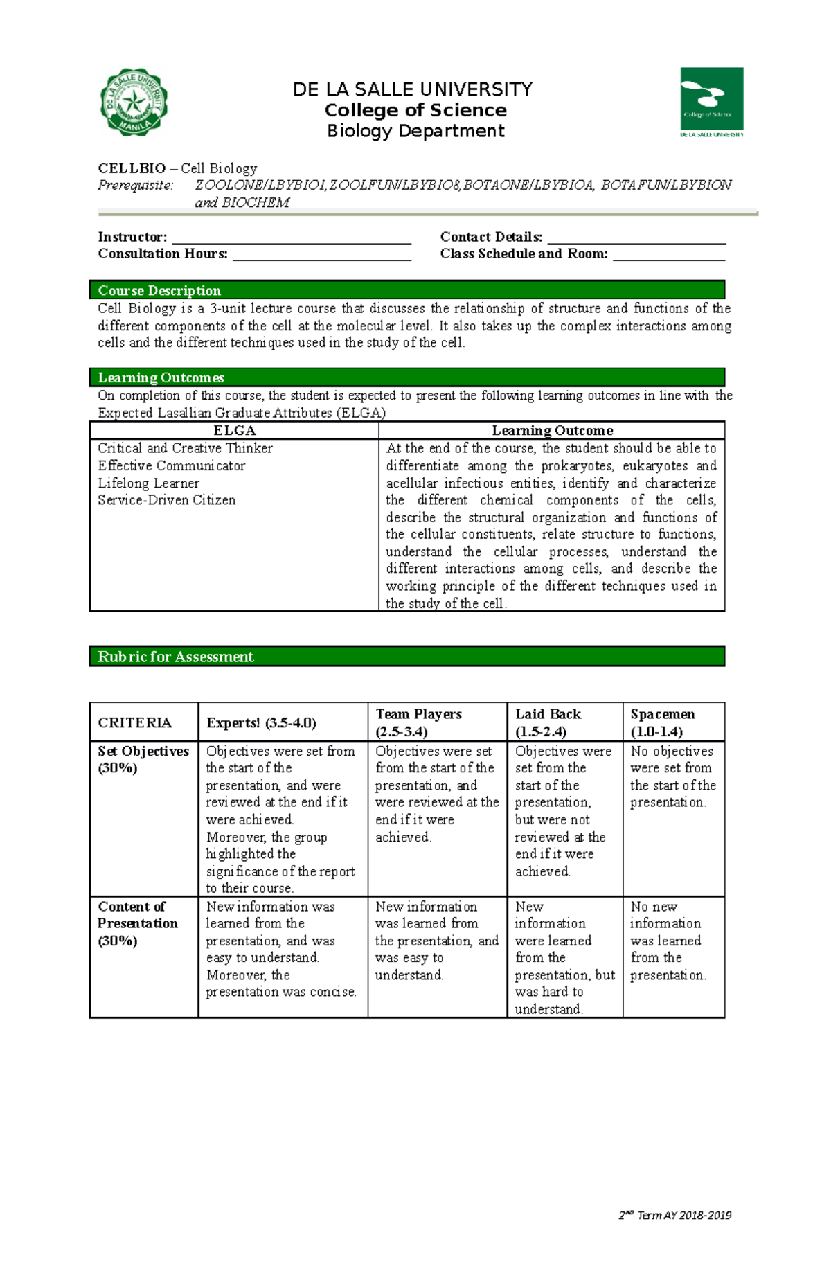 Cell and molecular biology - DE LA SALLE UNIVERSITY College of Science ...