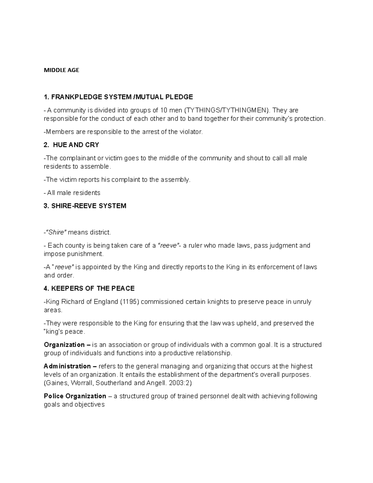 Law Enforcement Org. & Admin - MIDDLE AGE 1. FRANKPLEDGE SYSTEM /MUTUAL ...