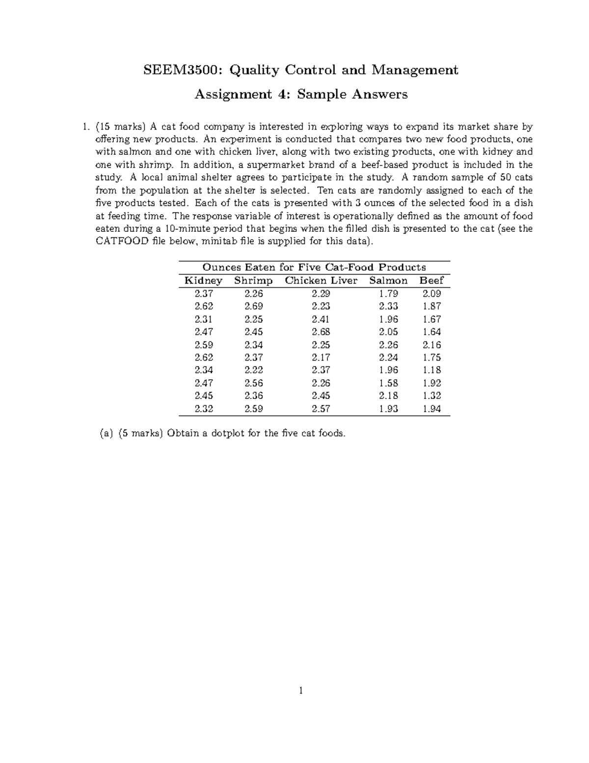 Assignment 4-Sol - None - SEEM3500: Quality Control and Management Assignment 4: Sample Answers ...