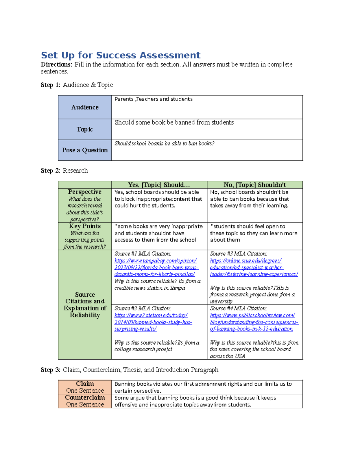 Set up for success assess rubric - Set Up for Success Assessment ...