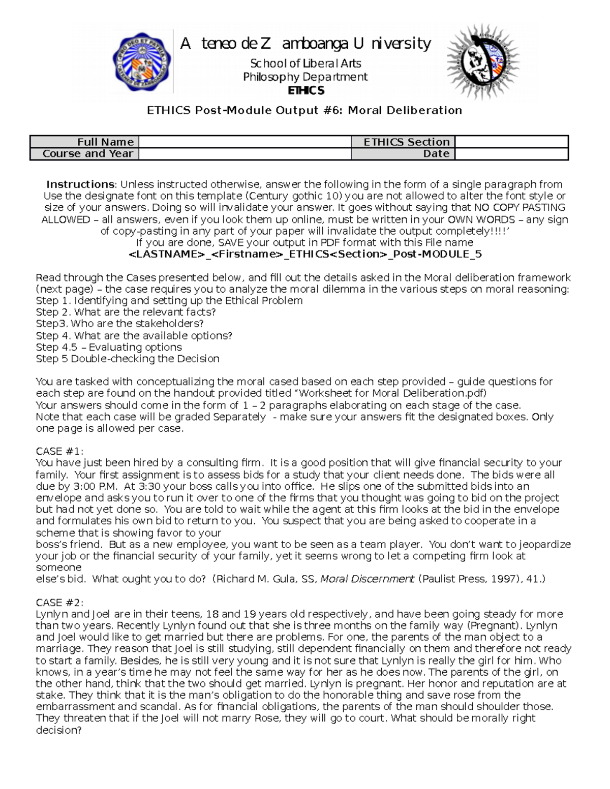 Ethics - Post Module 6 - Moral Deliberation - ETHICS Post-Module Output ...