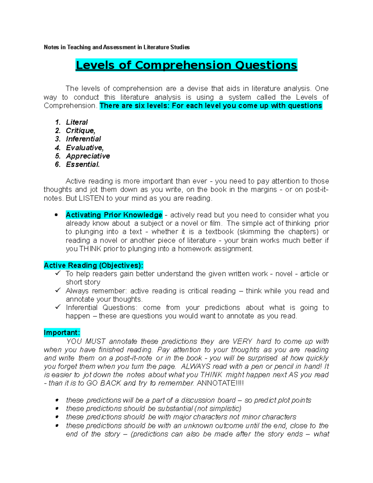 Levels Of Comprehension Questions Notes In Teaching And Assessment In