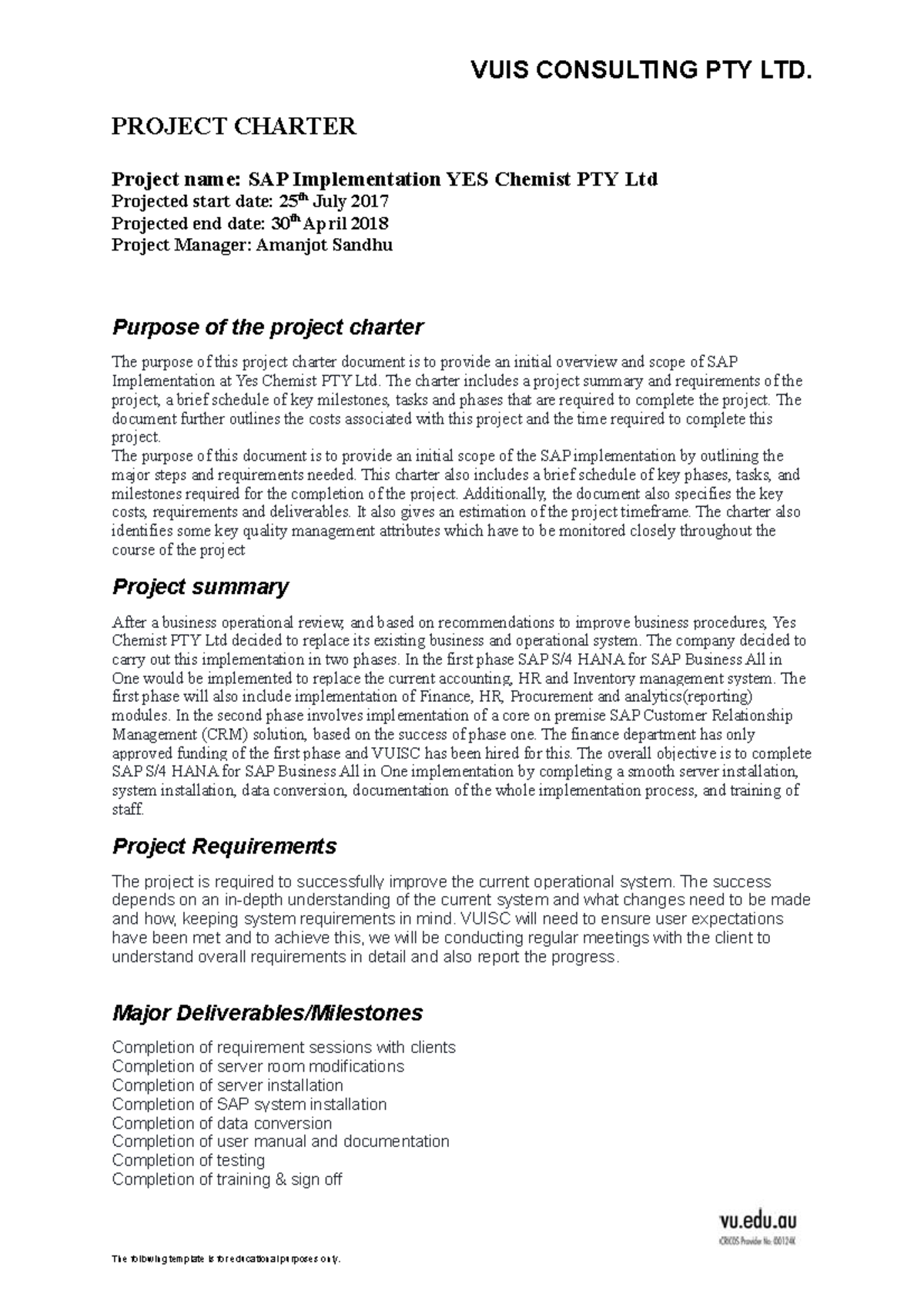 Vuisc Project Charter-Template for Students S 1 2017 CF Campus 1 - VUIS ...