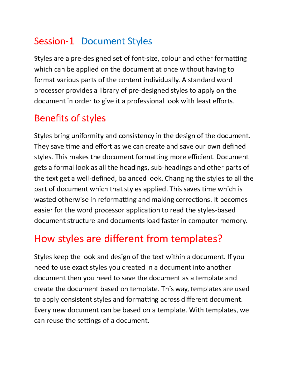 Session 1 - thank you - Session-1 Document Styles Styles are a pre ...