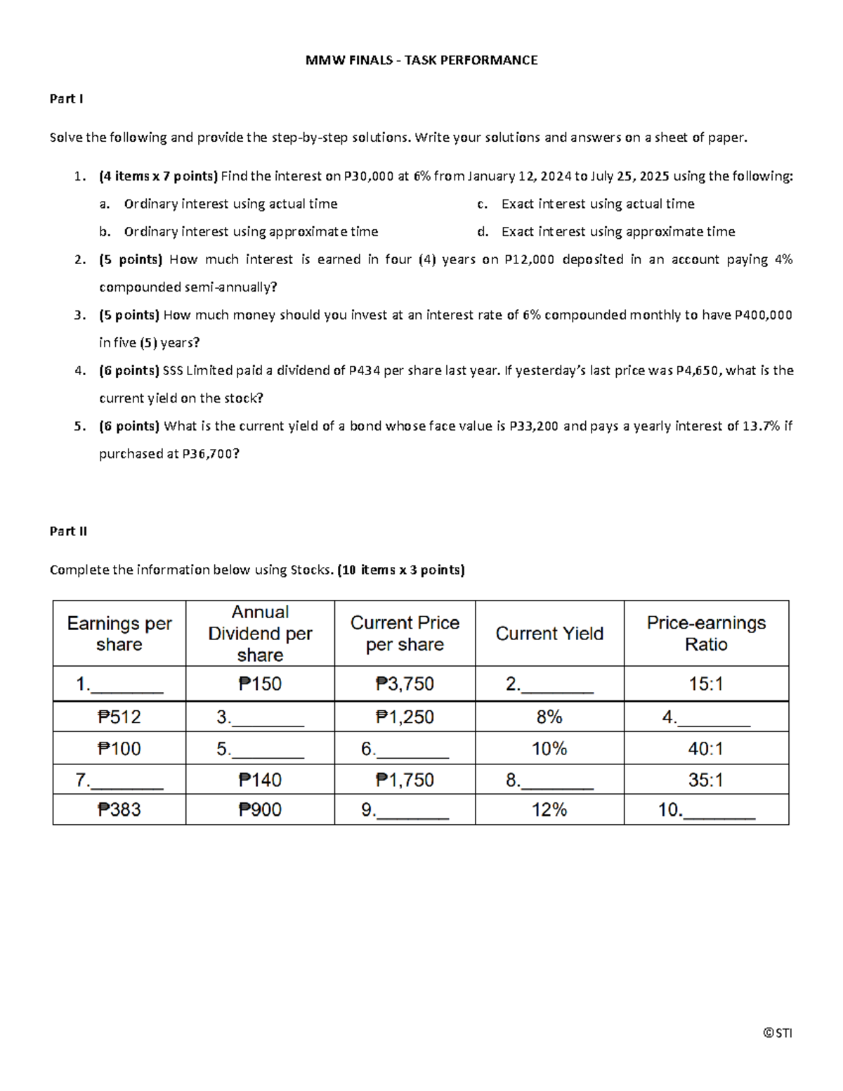MMW Finals TASK Performance - ©STI MMW FINALS - TASK PERFORMANCE Part I Solve the following and ...