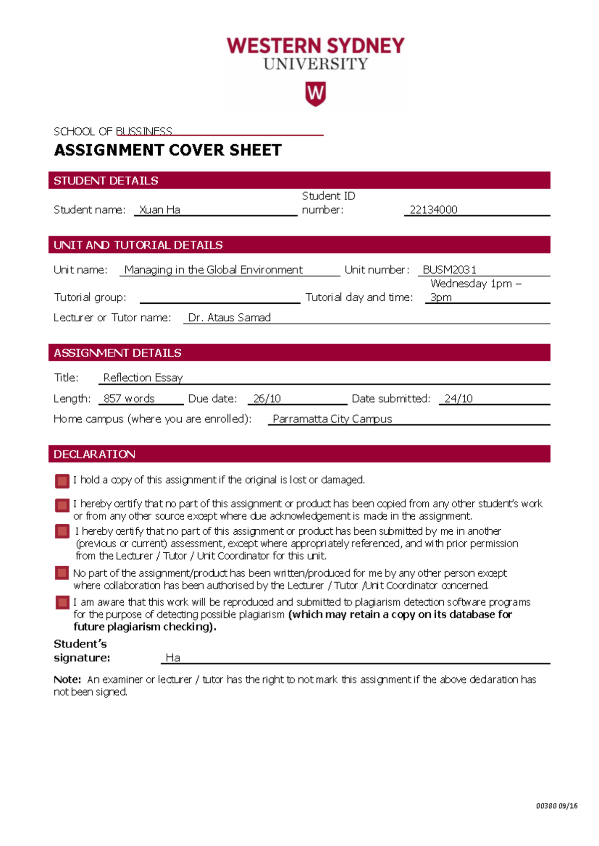 Assesment 3-Reflection Essay - 00380 0 9 / SCHOOL OF BUSSINESS ...