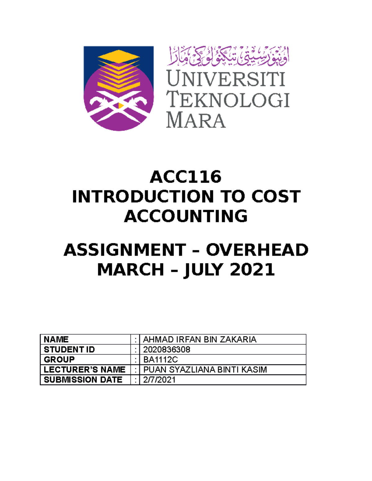 ACC116 Assignment Ahmad Irfan BIN Zakaria 2020836308 - ACC INTRODUCTION ...