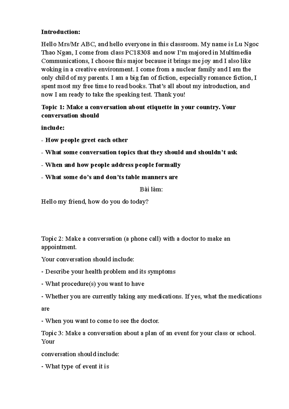 10 topics speaking - Introduction: Hello Mrs/Mr ABC, and hello everyone ...